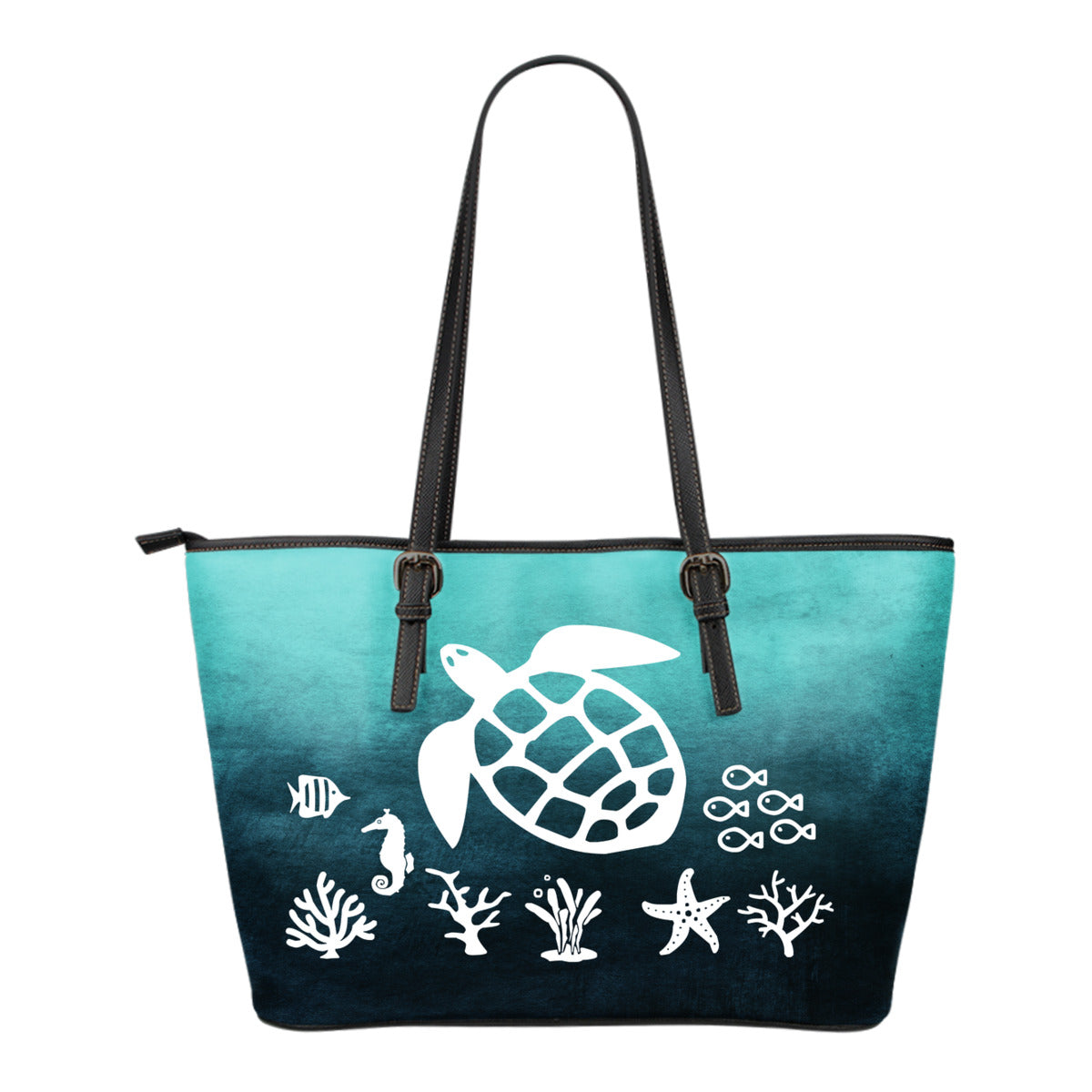 Sea Turtle Art Teal Blue Ombre Tote Bag Vegan Leather – SodaGlitter