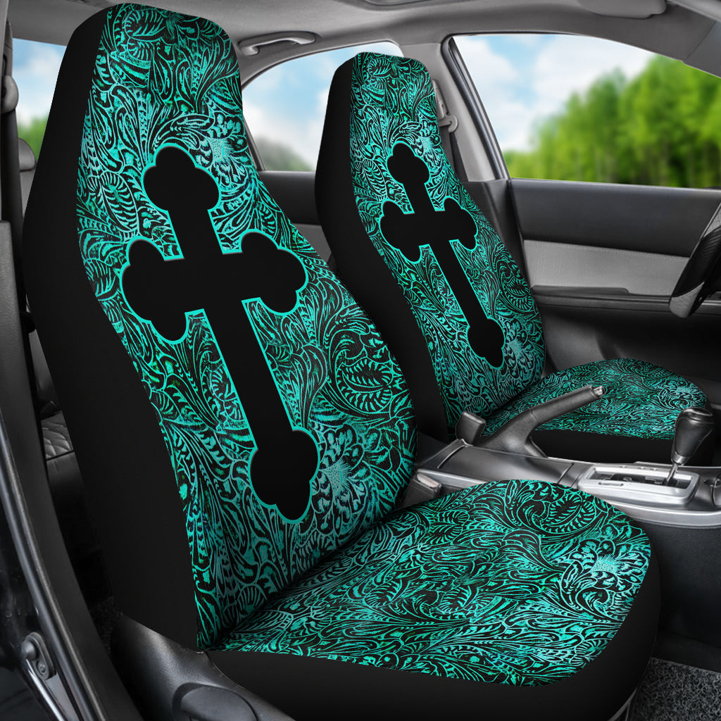 Turquoise Tooled Leather Style Car Seat Covers With Catholic Style Chr ...
